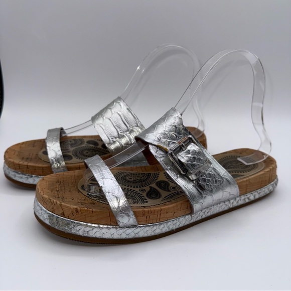 Coach | Shoes | Coach Metallic Silver 8b Sunny Sandals Embossed Leather ...